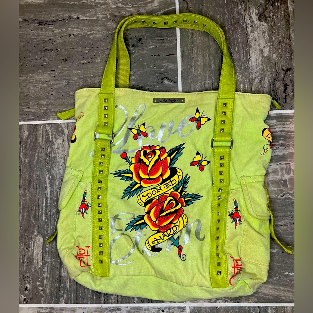 Green Ed Hardy Tote With Leather Straps - Gem